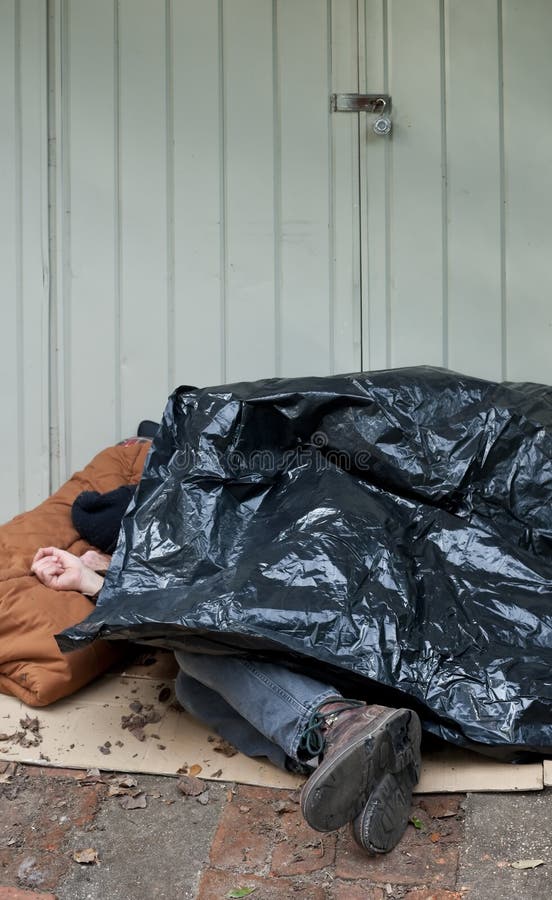 Homeless Man Sleeping Under Plastic Tarp Stock Image - Image of lying ...