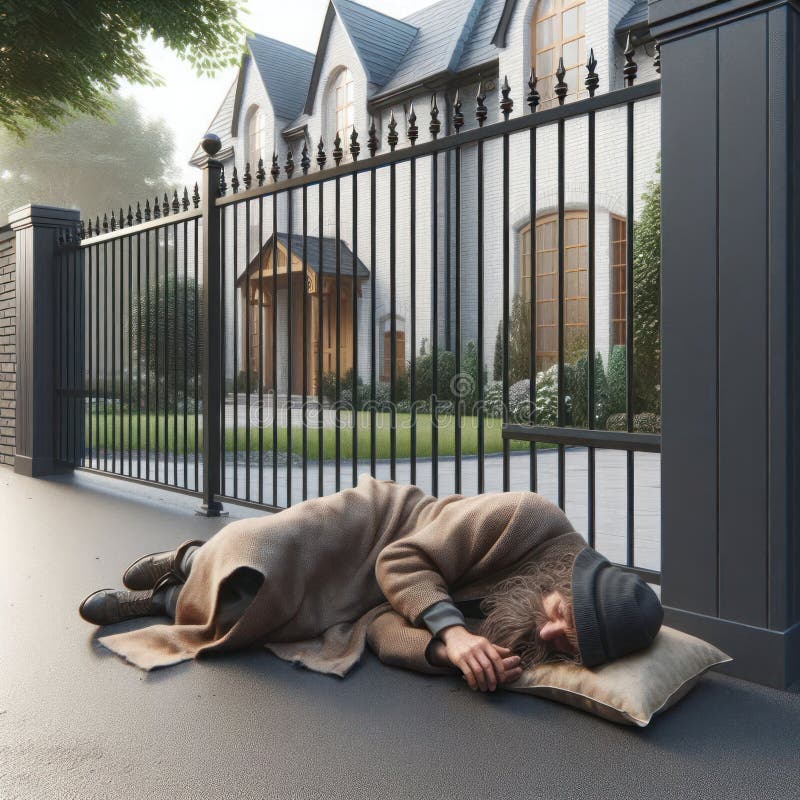 A Homeless Man Sleeps at the Gate of a Rich House. Stock Image - Image ...