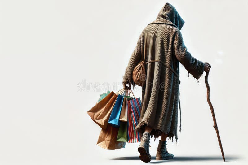 A Homeless Man with a Stick and Bags. Space for Text. Stock Photo ...