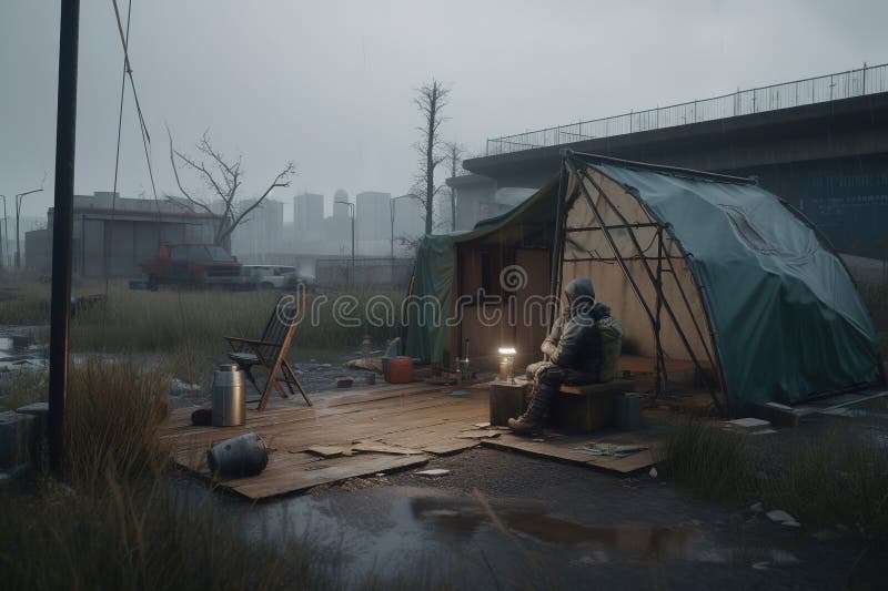 Homeless Man with a Tent in a Post-apocalyptic Setting. Stock ...