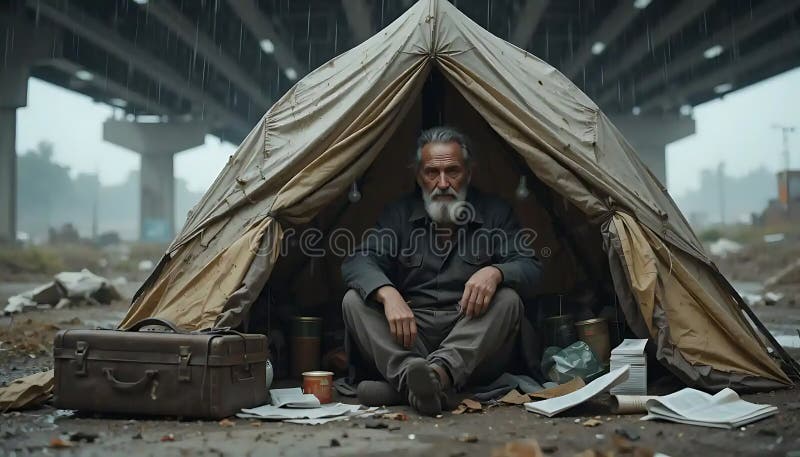 Homeless Man Under the Rain in a Tent Stock Illustration - Illustration ...