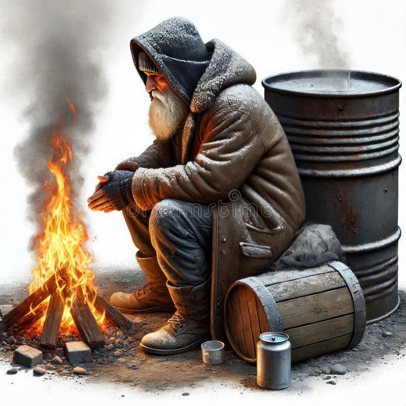 A Homeless Man Warms Himself by the Fire on a Winter Day. Stock Image ...