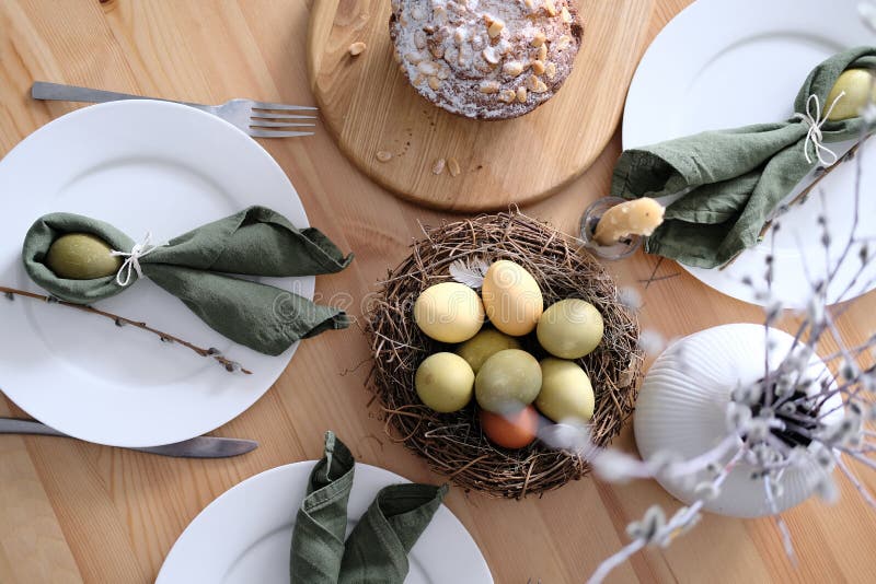 Top View of Beautiful Easter Table with Pastries, Willow Branches, Eggs ...