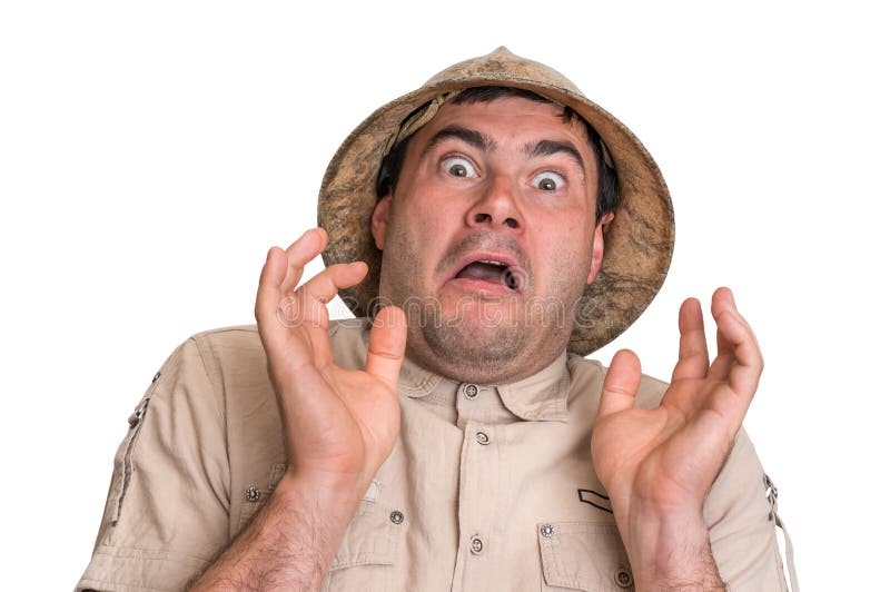 Homem Assustado Do Explorador Com O Capacete Isolado No Branco Foto de ...