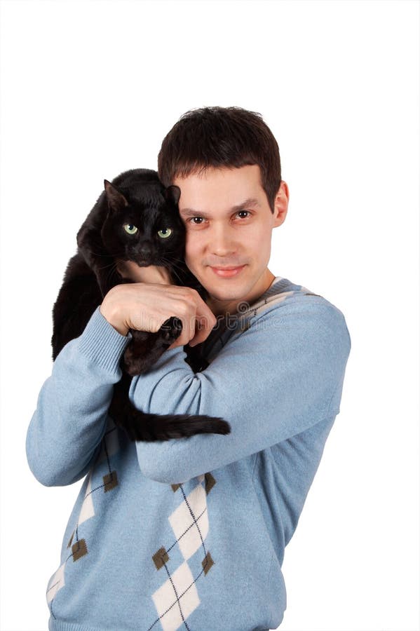 Homem novo com gato preto foto de stock. Imagem de junto - 4461986