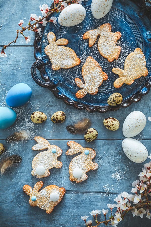 Homemade Almond Bunny Cookies for Easter with Easter Eggs in Blue Tone ...