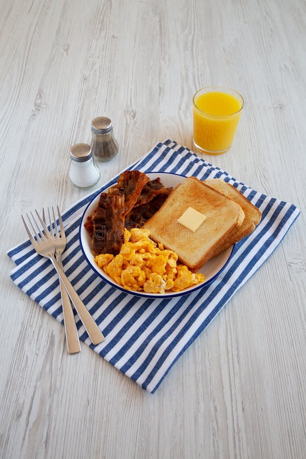 Homemade American Scrambled Egg Breakfast on a Plate, Side View Stock ...