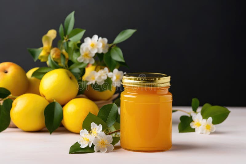 Homemade Apple Jam, Ripe Apples, and White Flowers on a Table Stock ...