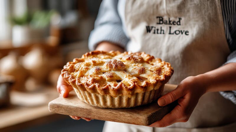 Homemade Apple Pie Held by Apron-clad Baker in Rustic Kitchen Setting ...