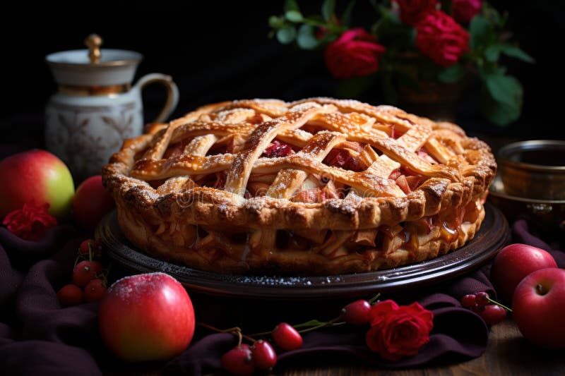 Homemade Apple Pie with Lattice Crust and Apples on Dark Old Table ...