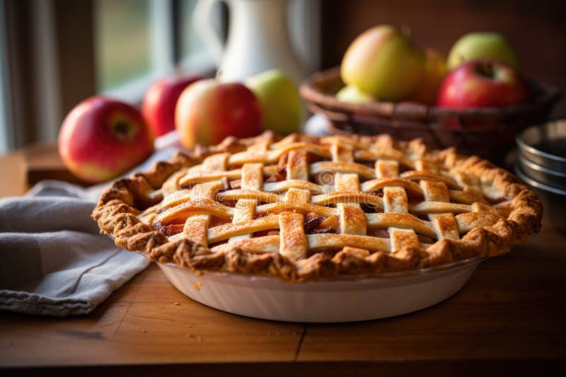 Homemade Apple Pie with Lattice Crust on a Kitchen Counter Stock Photo ...