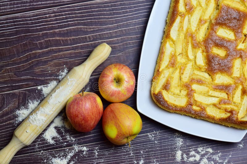 Apple Pie, White Rectangular Plate on Brown Rustic Wood Stock Photo ...