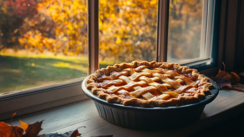 Homemade Apple Pie by the Window with Autumn Leaves Stock Illustration ...