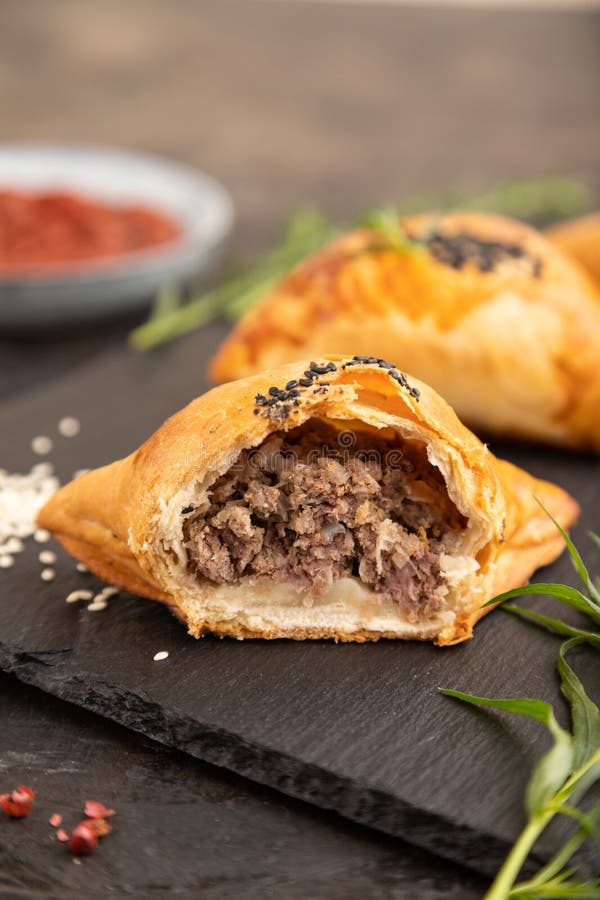 Homemade Asian Pastry Samosa on Black. Side View, Selective Focus Stock ...