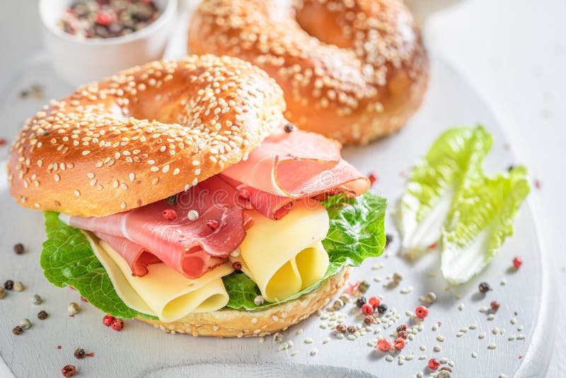 Homemade Bagel with Cheese and Ham for Quick Lunch Stock Photo - Image ...