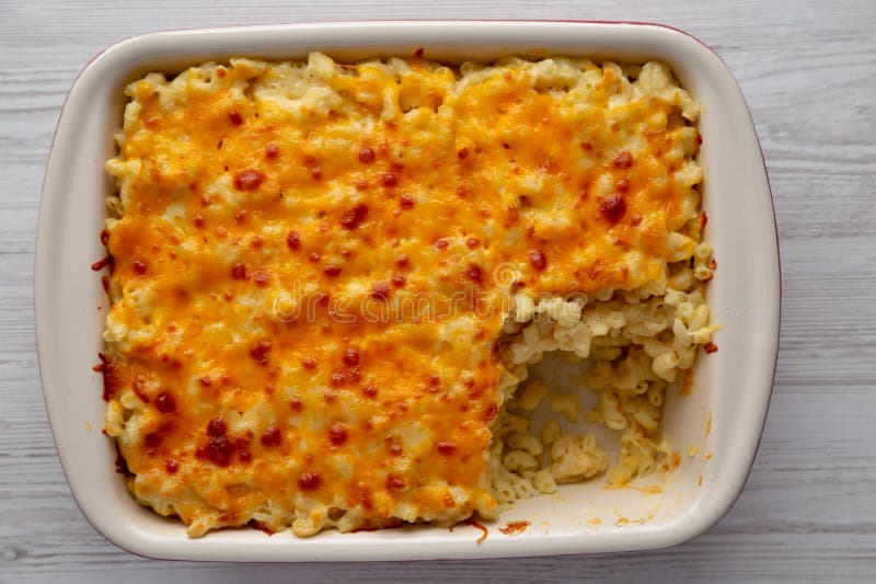 Homemade Baked Mac and Cheese in a Baking Dish, Top View. Flat Lay ...