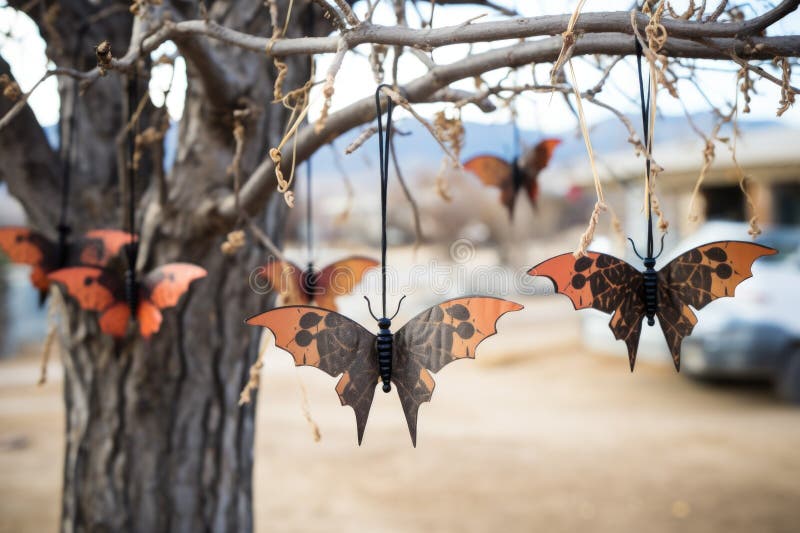 Homemade Bat Ornaments Hanging from Tree Branches Stock Photo - Image ...