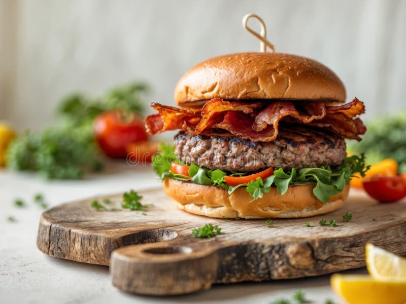 Homemade Beef Burger with Crispy Bacon and Vegetables on Rustic Serving ...
