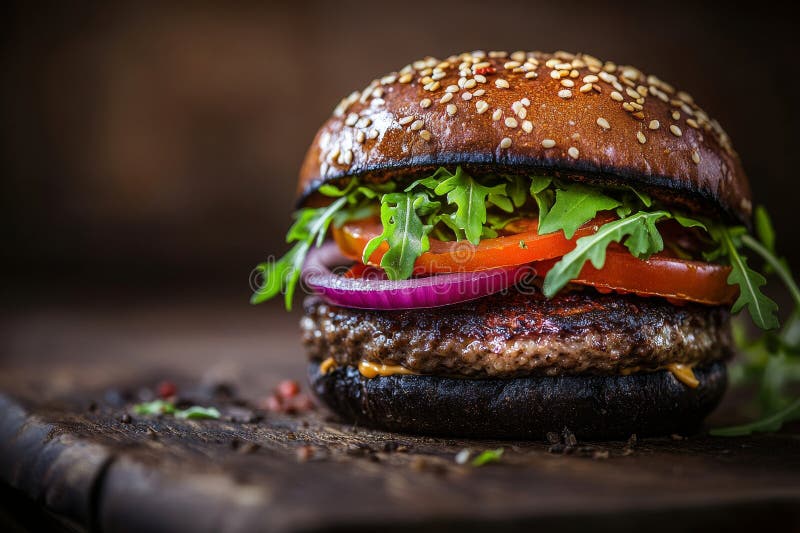 A Homemade Beef Burger with Crispy Bacon and Veggies, Presented on a ...