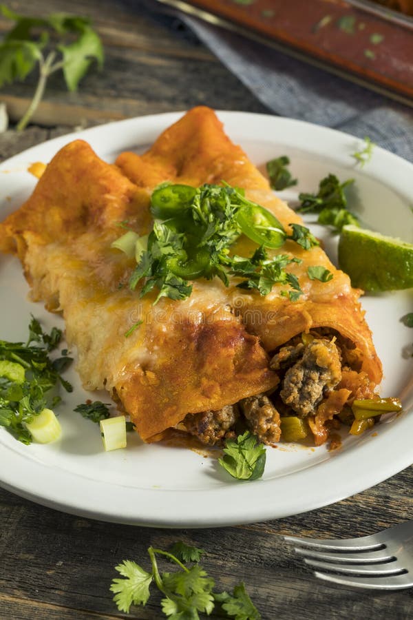 Homemade Beef Enchiladas with Red Sauce Stock Image - Image of ...