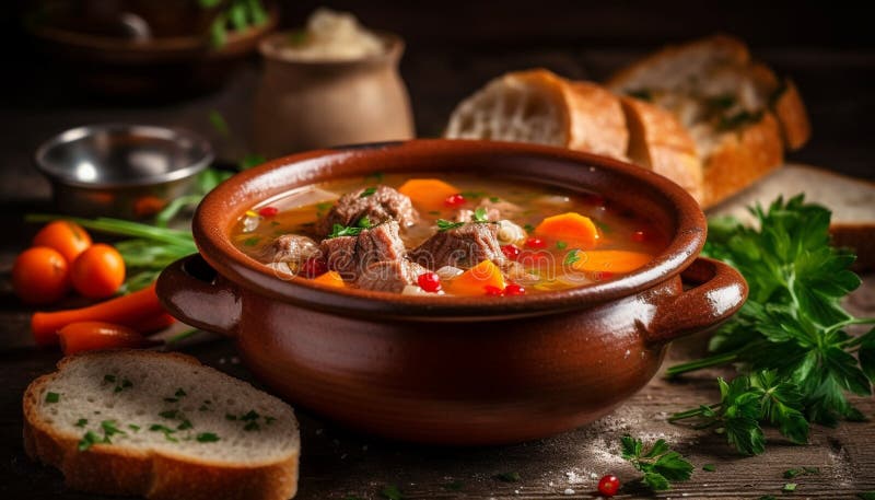 Homemade Beef Stew Cooked in Rustic Casserole Generated by AI Stock ...