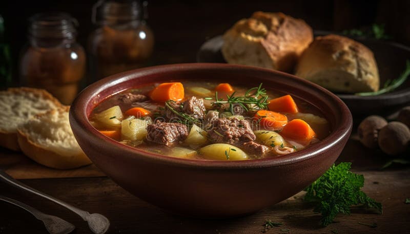 A Homemade Beef Stew with Fresh Vegetables and Rustic Bread Generated ...