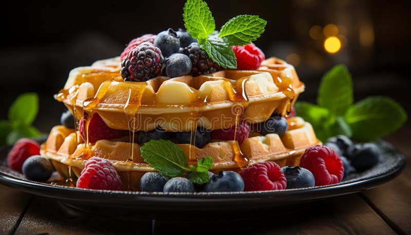 Waffle Stack with Butter and Honey Stock Photo - Image of golden ...