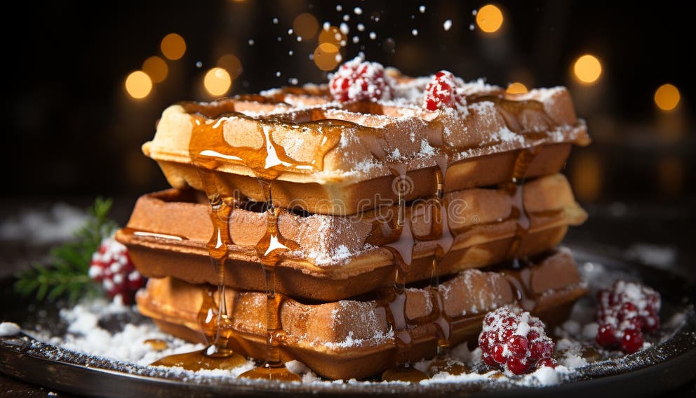 Homemade Belgian Waffle Stack, Topped with Fresh Berries and Syrup ...