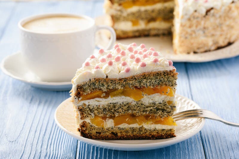 Homemade Bisquit Cake with Whipped Cream and Peaches. Stock Image ...