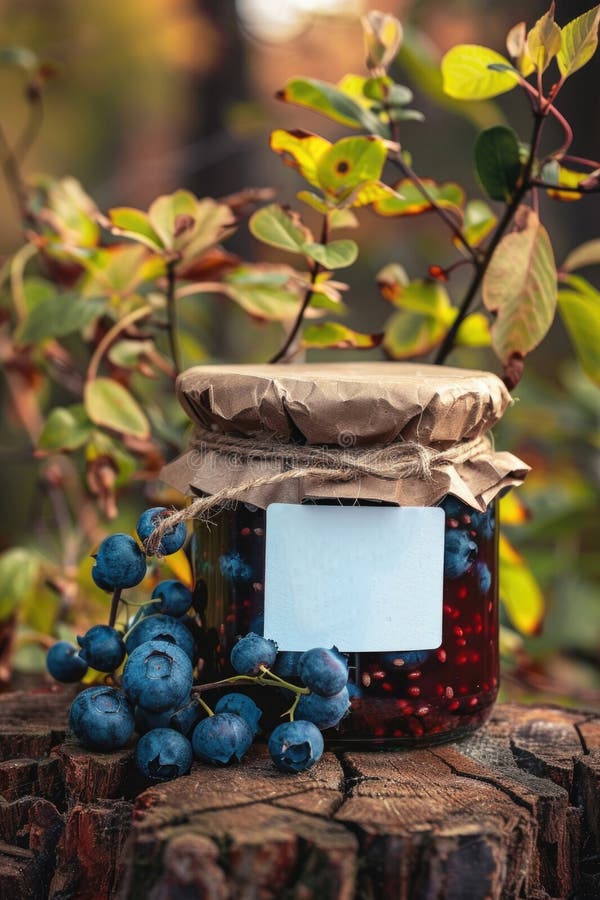 Homemade Blueberry Jam in Glass Jar Outdoors with Blank Label Stock ...