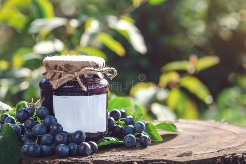 Homemade Blueberry Jam in Glass Jar Outdoors with Blank Label Stock ...