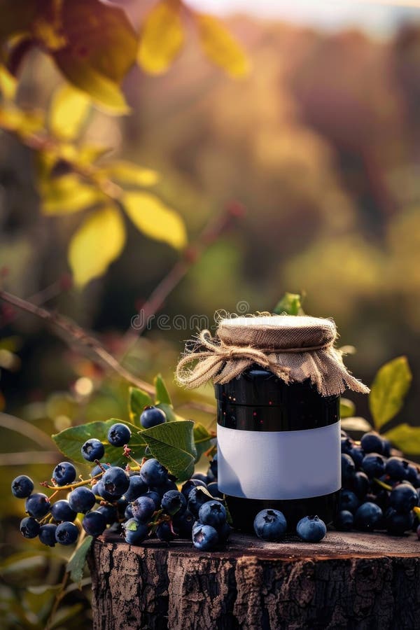 Homemade Blueberry Jam in Glass Jar Outdoors with Blank Label Stock ...