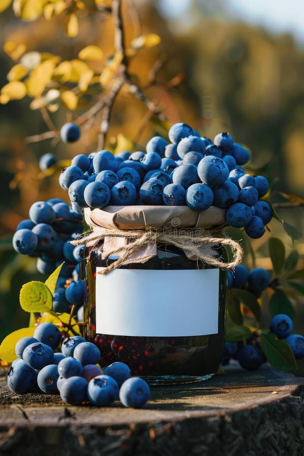 Homemade Blueberry Jam in Glass Jar Outdoors with Blank Label Stock ...