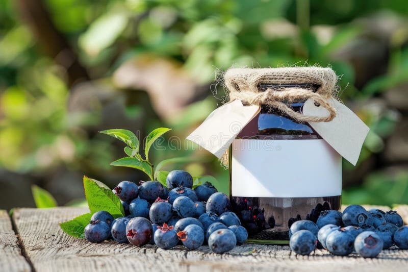Homemade Blueberry Jam in Glass Jar Outdoors with Blank Label Stock ...