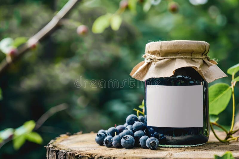 Homemade Blueberry Jam in Glass Jar Outdoors with Blank Label Stock ...