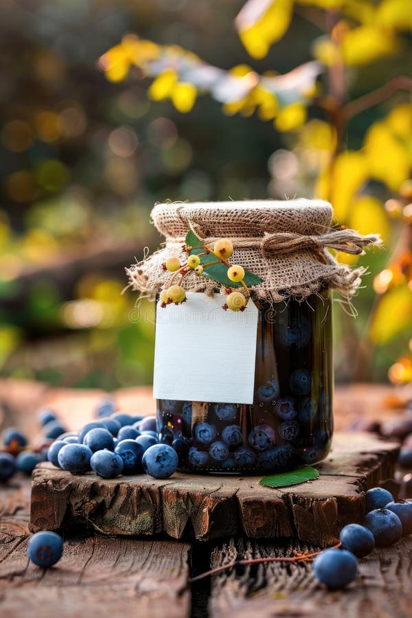 Homemade Blueberry Jam in Glass Jar Outdoors with Blank Label Stock ...