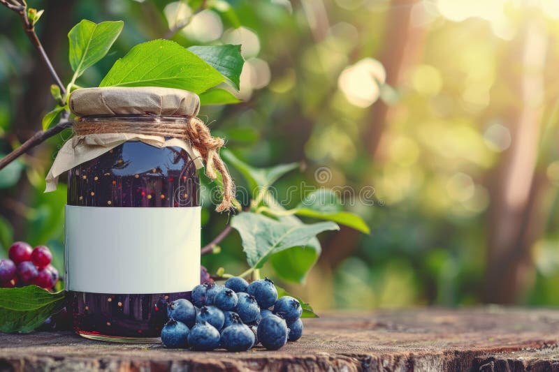 Homemade Blueberry Jam in Glass Jar Outdoors with Blank Label Stock ...