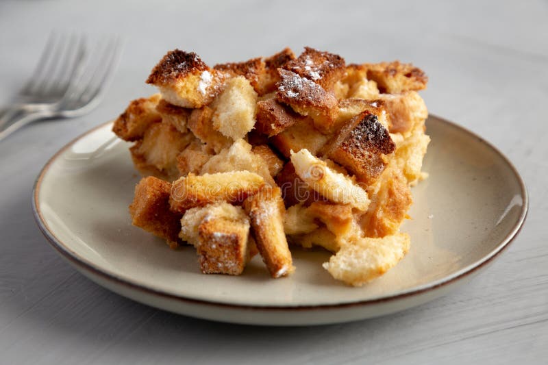 Homemade Bread Pudding on a Plate, Side View. Close-up Stock Image ...