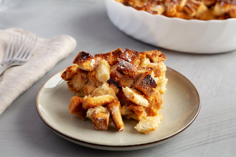Homemade Bread Pudding on a Plate, Side View. Close-up Stock Photo ...