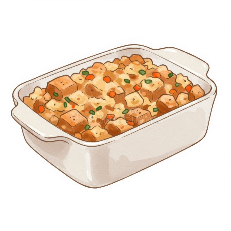Homemade Bread Stuffing in a White Ceramic Dish Stock Illustration ...
