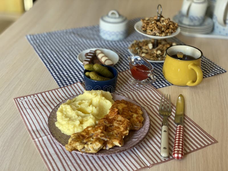Homemade Breakfast with Mashed Potatoes and Chops Stock Image - Image ...