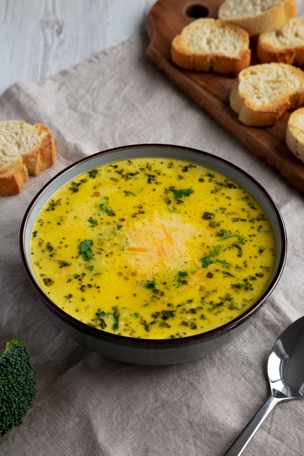 Homemade Broccoli and Cheddar Soup in a Bowl, Side View Stock Photo ...