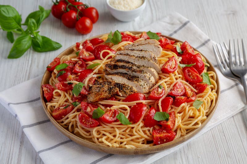 Homemade Bruschetta Chicken Pasta on a Plate, Side View Stock Image ...