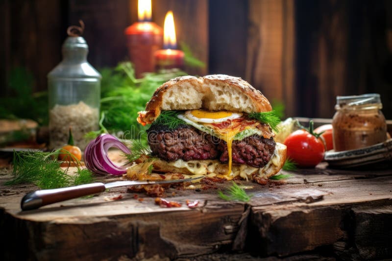 Homemade Burger with a Bite Taken Out, on Rustic Table Stock Photo ...