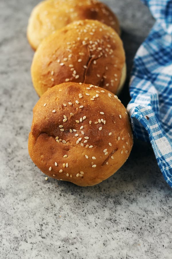 Homemade Burger Buns with Sesame. Stock Photo - Image of burger ...