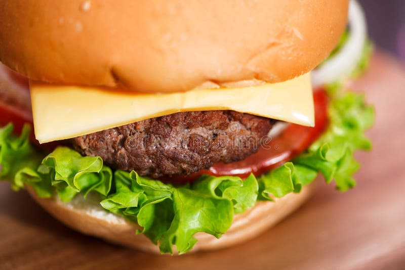 Homemade Burger on Table. Top View, Copy Space, Horizontal Stock Image ...