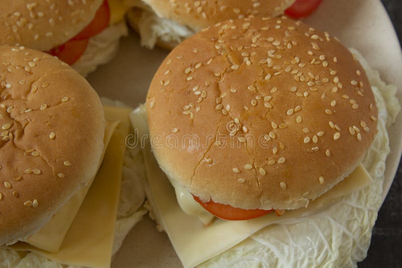 Homemade Burgers on a Plate Top View Close Up Stock Image - Image of ...