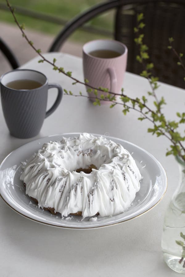 Homemade Cake with Tea. Cake with Sugar Icing.Homemade Cake in the Form ...