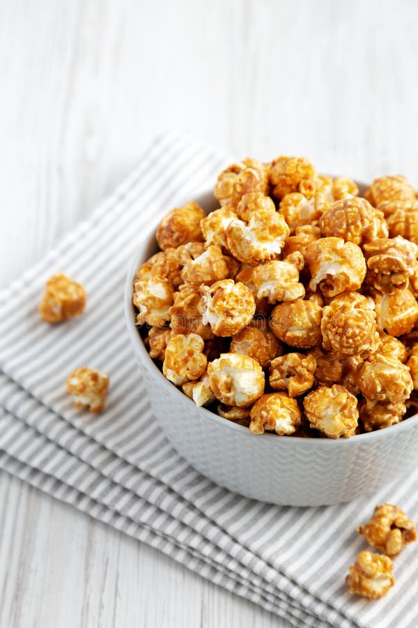 Homemade Caramel Popcorn in a Gray Bowl, Side View Stock Photo - Image ...