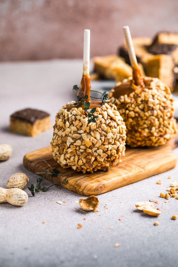 Homemade Caramel Taffy Apple with Peanuts for Halloween Stock Photo ...